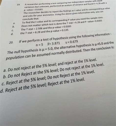 solved 19 a researcher performing a test comparing two
