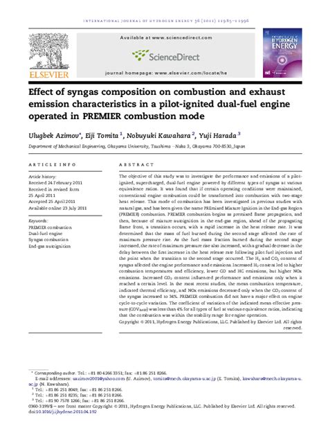 Pdf Effect Of Syngas Composition On Combustion And Exhaust Emission