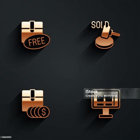 무료 기호 경매 망치 항목 가격표 달러 및 긴 그림자가 있는 온라인 쇼핑 화면 아이콘이 있는 판지 상자 설정 벡터 결정에 대한 스톡 벡터 아트 및 기타 이미지 Istock