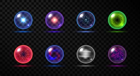 마법의 수정 구슬은 네온 조명으로 유리 구체 모양을 날리며 사실적인 벡터를 설정합니다 구에 대한 스톡 벡터 아트 및 기타 이미지 구 유리 재료 경외감 Istock