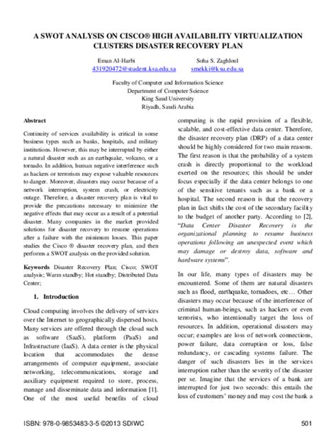 Pdf A Swot Analysis On Cisco® High Availability Virtualization Clusters Disaster Recovery Plan