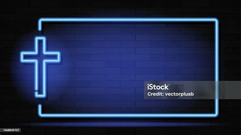 십자가의 네온 조명 십자가의 밝은 광고 현대 벡터 로고 배너 방패 기독교의 그림 벽돌 벽의 배경에 야간 광고 십자가에 대한 스톡 벡터 아트 및 기타 이미지 Istock