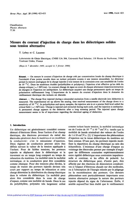 Pdf Mesure Du Courant Dinjection De Charge Dans Les Diélectriques Solides Sous Tension