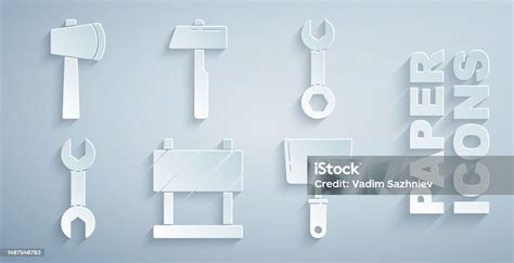 도로 장벽 렌치 스패너 퍼티 나이프 망치 및 나무 도끼 아이콘을 설정합니다 벡터 3차원 형태에 대한 스톡 벡터 아트 및 기타 이미지 3차원 형태 갈고리 발톱 강철