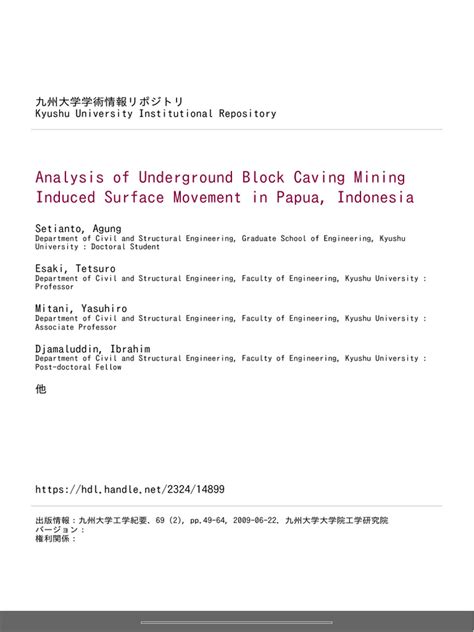 Analysis Of Underground Block Caving Mining Induced Surface Movement In Papua Indonesia Pdf