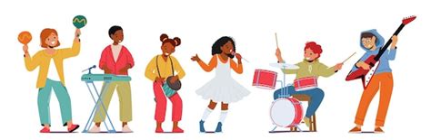 마라카스 신디사이저 드럼과 일렉트릭 기타를 연주하는 재능있는 작은 예술가 현대 악기를 연주하는 소녀와 소년 마이크 음악 콘서트 키즈 밴드 만화 벡터 일러스트와 함께 노래