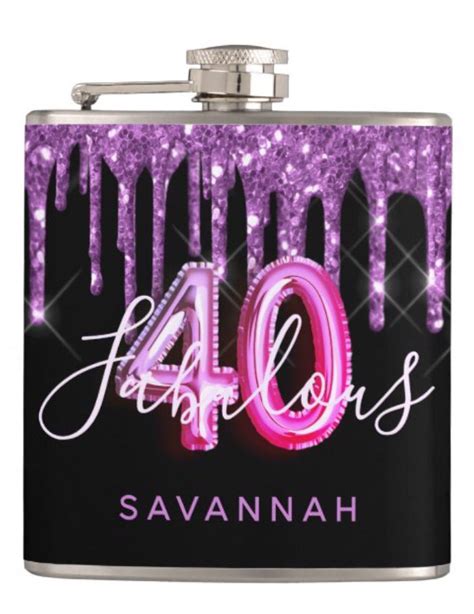 40 Fabulous Birthday Black Purple Glitter Script Flask Zazzle