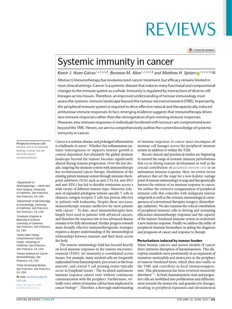 Reviews Systemic Immunity In Cancer Pdf Haematopoiesis Immunotherapy