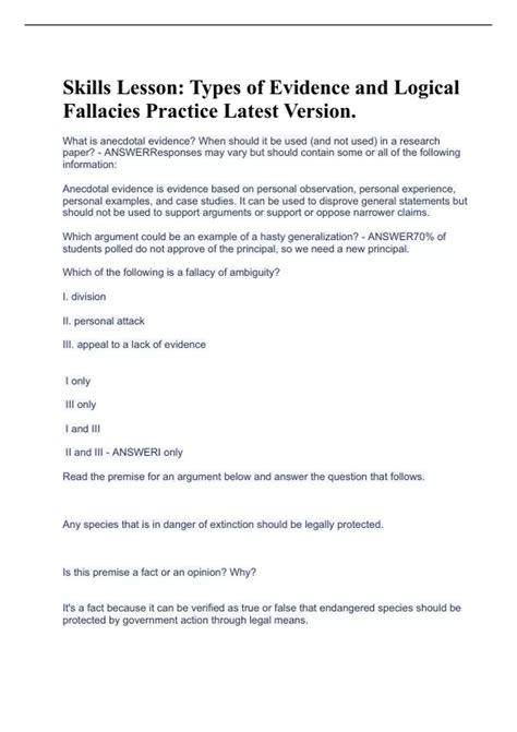Skills Lesson Types Of Evidence And Logical Fallacies Practice Latest Version Evidence