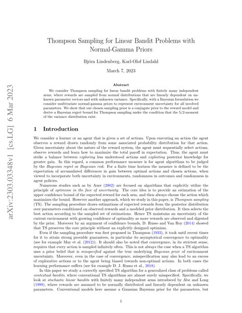 Pdf Thompson Sampling For Linear Bandit Problems With Normal Gamma Priors