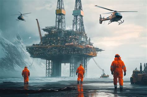 Workers In Orange Suits Approach A Massive Oil Rig Helicopters Hover
