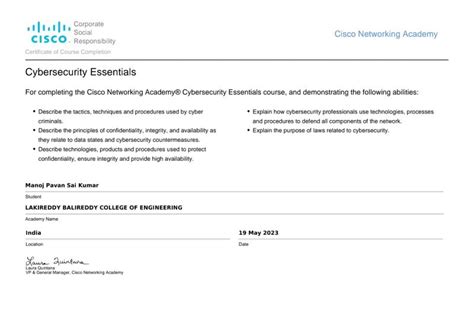 Completed Cisco Networking Academy Cybersecurity Essentials Manoj Kumar Anamdasu Posted On The