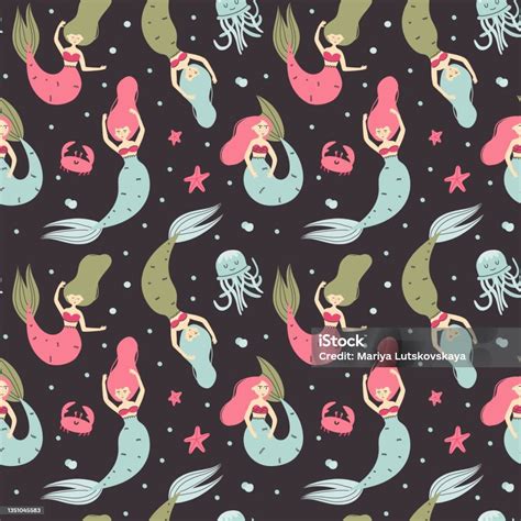 만화 인어 원활한 패턴 귀여운 작은 수중 캐릭터 물고기 꼬리 판타지 생물 아이 동화 소녀와 공주 장식 직물 포장 지 벽지 벡터 인쇄 또는 직물 0명에 대한 스톡 벡터 아트