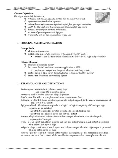 Chapter Objectives Ee 120 Lecture Notes Chapter 3 Boolean Algebra And Logic Gates 3 1 Pdf