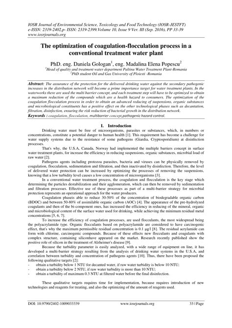 Pdf The Optimization Of Coagulation Flocculation Process In A Conventional Treatment Water Plant