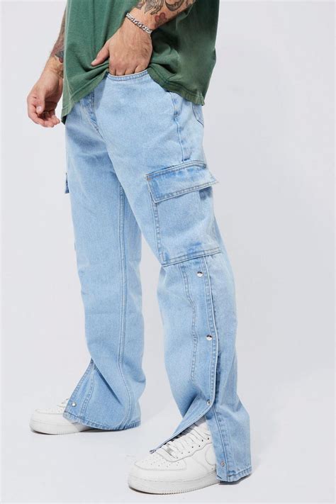 Relaxed Rigid Cargo Popper Detail Jeans Boohoo