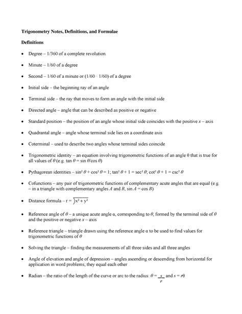 422873950 Trigonometry Notes Trigonometry Notes Definitions And Formulae Definitions Degree