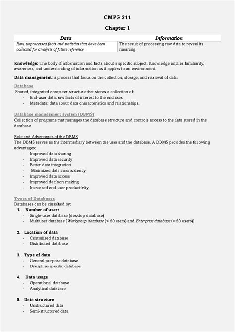 CMPG Summaries For Databases CMPG Chapter Data Information Raw Unprocessed Facts