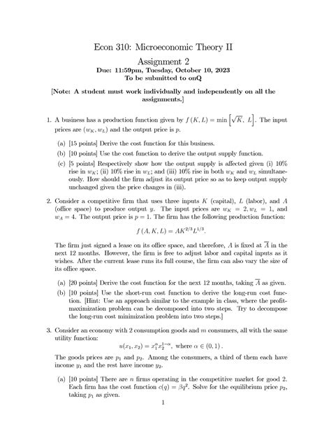 Econ310 2023f Asg2 Assignment 2 Econ 310 Microeconomic Theory Ii Assignment 2 Due 11 59pm