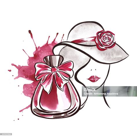 향수병과 수채화 얼룩을 배경으로 모자를 쓴 여자의 얼굴 손으로 그린 그림입니다 화장품 배너 및 화장품 디자인 엽서나 명함 라벨 포장용 개인 장식품에 대한 스톡 벡터 아트 및