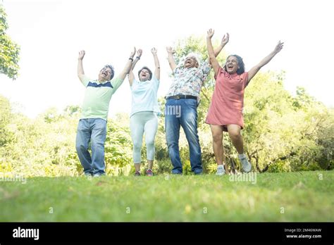 Group Of Happy Indian Senior Men And Women Laughing Together In Summer Park Retirement Life