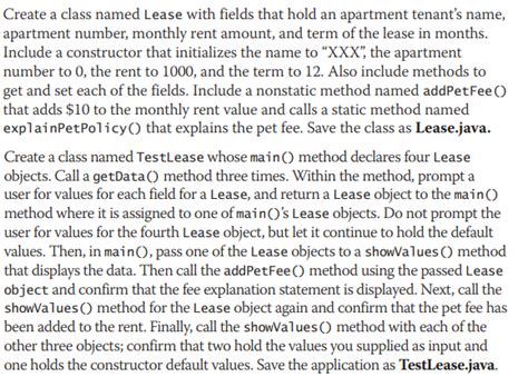 solved create a class named lease with fields that hold an