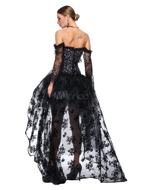 Sexy Corsets Black Embroidered Lace Off Shoulder Long Sleeve Corset With Train For Women
