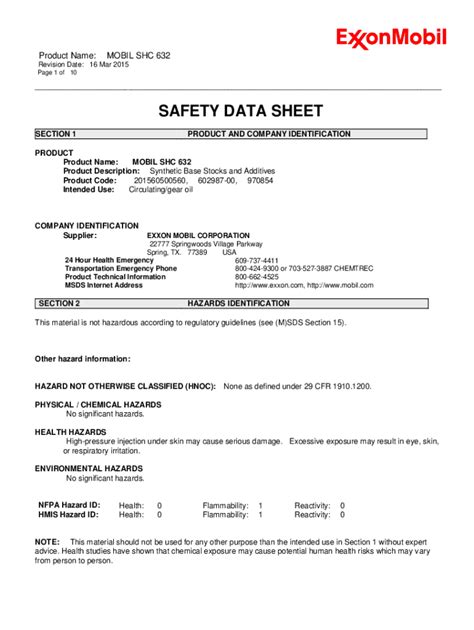 Fillable Online Sds Mobil Shc 632 Safety Data Sheet View Mobil Shc
