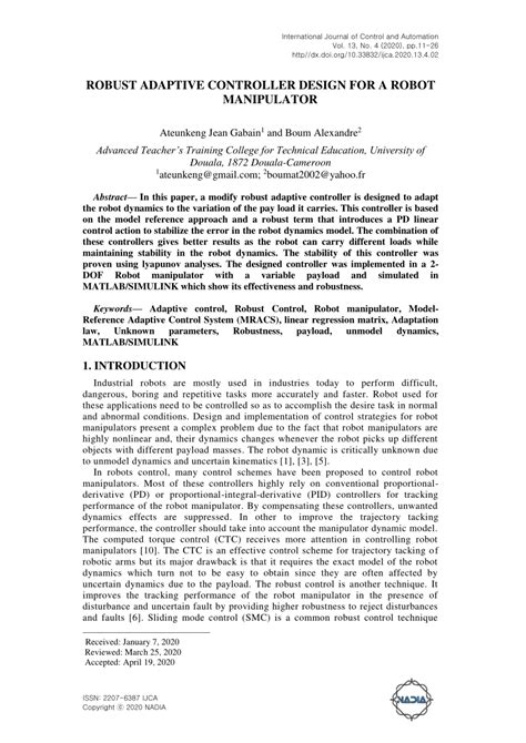Pdf Robust Adaptive Controller Design For A Robot Manipulator
