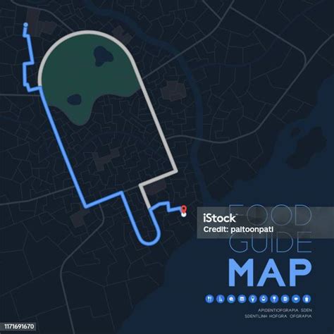 음식 및 디저트 가이드 방향지도 여행 아이콘 개념 아이스크림 아이스캔디 스틱 모양 포스터 와 소셜 배너 포스트 디자인 야간 모드 일러스트레이션 회색 배경에 고립 벡터