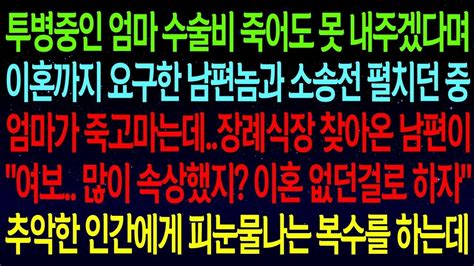 【사연열차①】투병중인 엄마 수술비 죽어도 못 준다며 이혼까지 요구한 남편과 소송 하던 중 엄마가 죽고 마는데여보 이혼 없던걸로 하자 피눈물나는 복수를 시작하는데