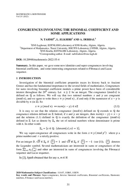 Pdf Congruences Involving The Binomial Coefficient And Some Applications