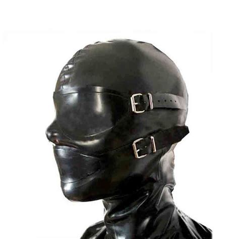 Hot Sale Seamless Erotic Head Cover Bondage Natual Latex Bdsm Mask Exposed Eye Mouth Sex