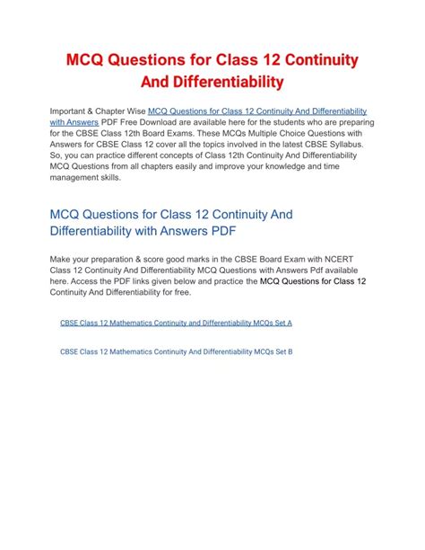 Ppt Mcqs Class 12 Continuity And Differentiability With Answers Pdf