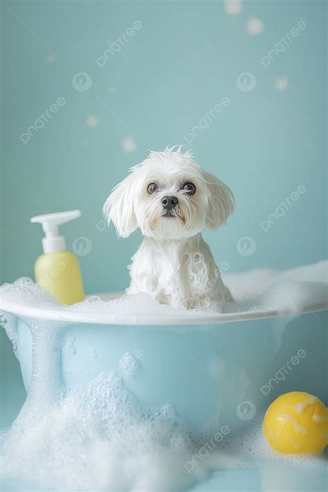 비누 비눗물과 거품이 있는 파란색 욕조에 앉아 있는 흰색 개 욕조 옆 샴푸병 가장자리에 있는 노란색 공이 장난스러운 분위기를 조성합니다 배경 배경 화면 및 일러스트 무료