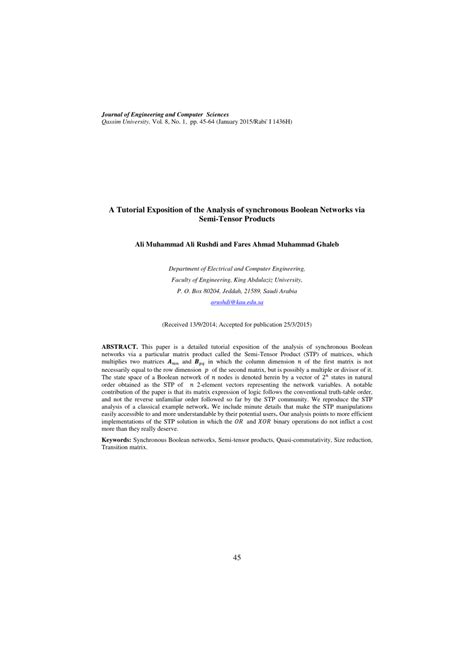 Pdf A Tutorial Exposition Of The Analysis Of Synchronous Boolean Networks Via Semi Tensor Products