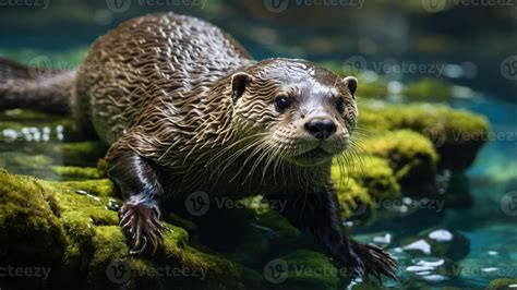 A Playful Otter On A Mossy Rock Near Water Showcasing Its Natural