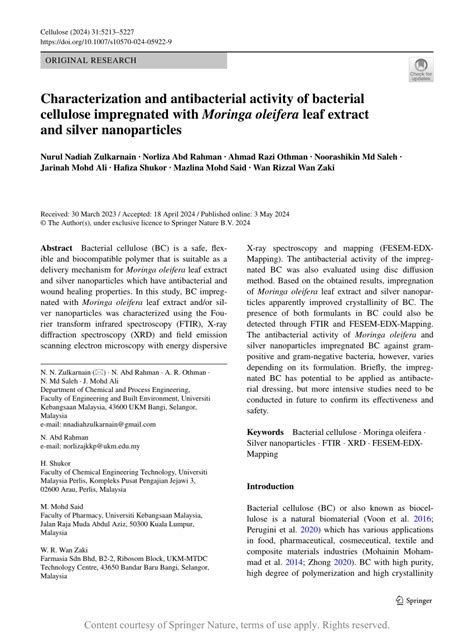 Characterization And Antibacterial Activity Of Bacterial Cellulose Impregnated With Moringa