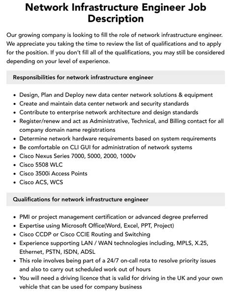 Network Infrastructure Engineer Job Description Velvet Jobs