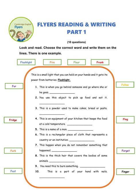 Flyers Reading And Writing Part 1 2 Worksheet In 2025 Reading Writing Writing Test English