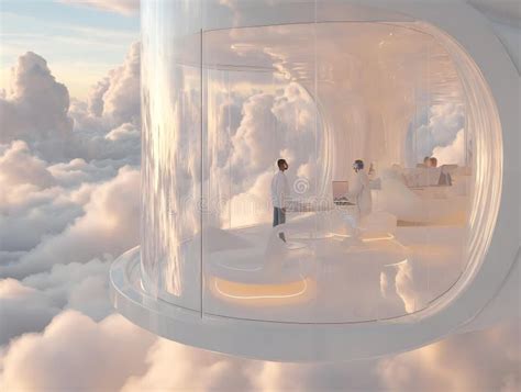 Cloudtop Observatory Glass Dome Minimalist Interior Panoramic Cloudscape Serene Outlook