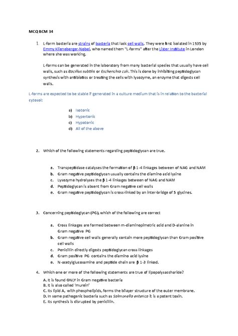 Bacterial Cell Structure MCQs MCQ BCM L Form Bacteria Are Strains Of Bacteria That Lack