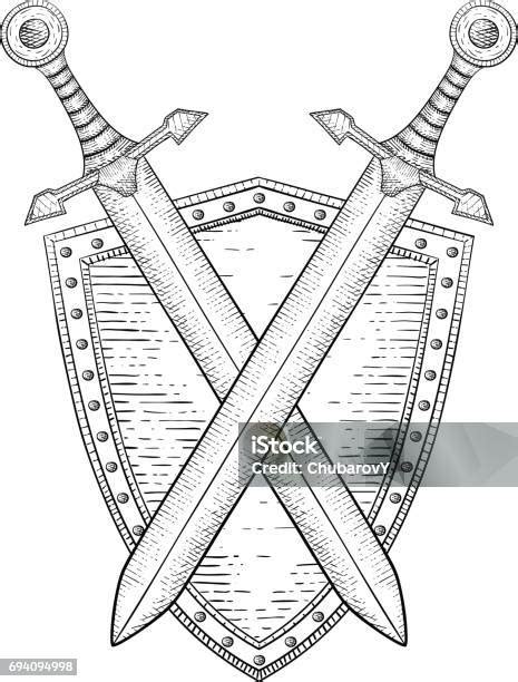 교차 칼과 방패 손으로 그린된 스케치 갑옷에 대한 스톡 벡터 아트 및 기타 이미지 갑옷 강철 검 Istock