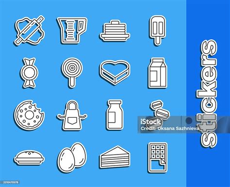 세트 라인 초콜릿 바 마카롱 쿠키 우유 종이 패키지 팬케이크 스택 롤리팝 사탕 롤링 핀 반죽 및 하트 모양의 상자 아이콘 벡터 공휴일에 대한 스톡 벡터 아트 및 기타 이미지