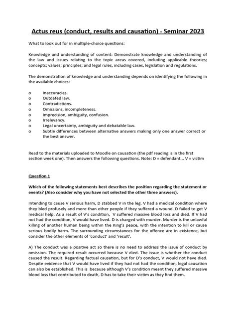 Actus Reus Causation Seminar Qs 2023 24 2 Pdf Causation Law Negligence