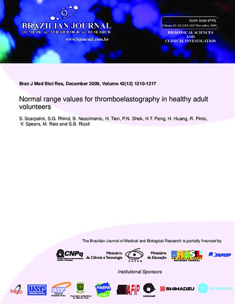 Pdf Normal Range Values For Thromboelastography In Healthy Adult