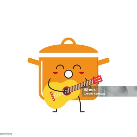 팬 귀여운 캐릭터 만화 기타 노래 냄비 웃는 얼굴 쾌활한 귀여운 기쁨 행복 감정 벡터 일러스트 레이 션을 연주합니다 0명에 대한 스톡 벡터 아트 및 기타 이미지 Istock