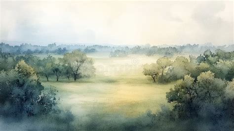 A Watercolor Painting Of A Misty Morning Landscape With Trees And A