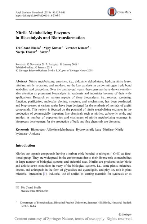 Nitrile Metabolizing Enzymes In Biocatalysis And Biotransformation Request Pdf