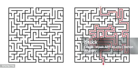 벡터 사각형 미로 검은 색과 빨간색에 포함 된 솔루션미로 조정 문제 해결 의사 결정 기술 테스트를위한 재미 및 교육 마음 게임 검색에 대한 스톡 벡터 아트 및 기타 이미지